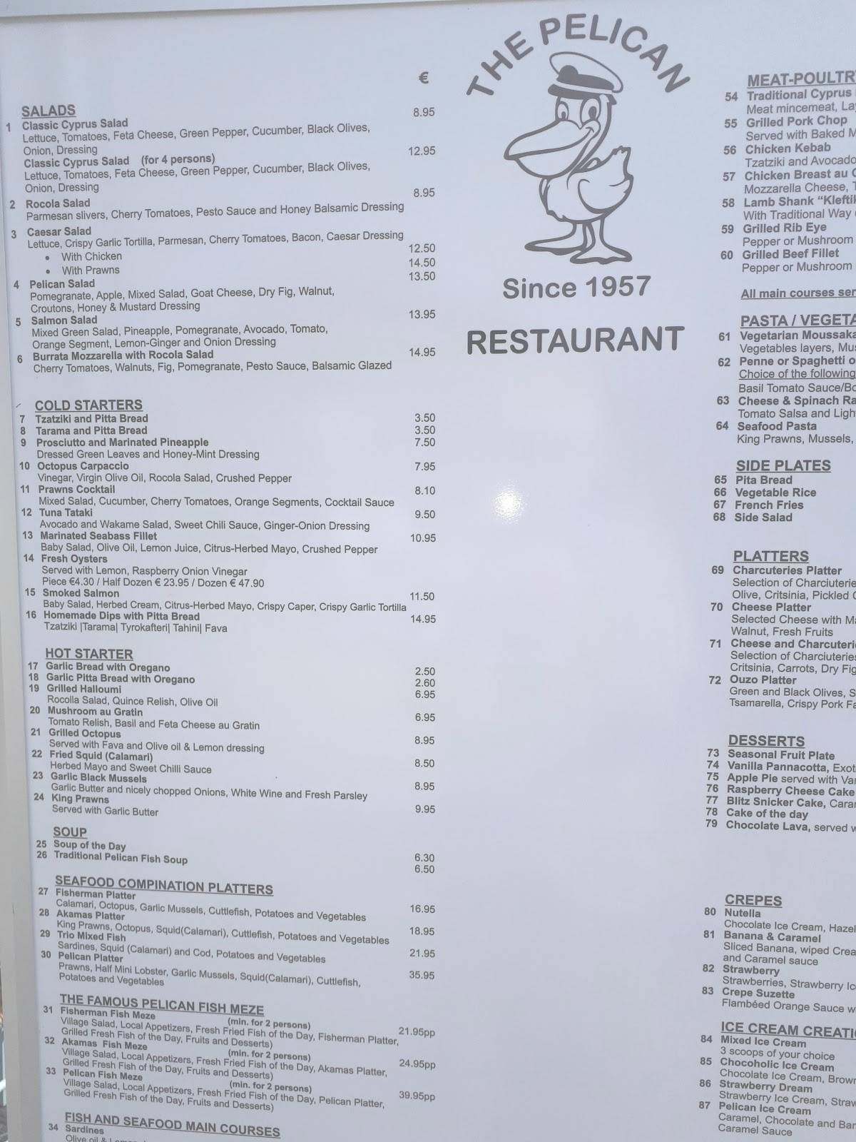 Menu at Pelican Restaurant, Paphos, At the Paphos Harbour