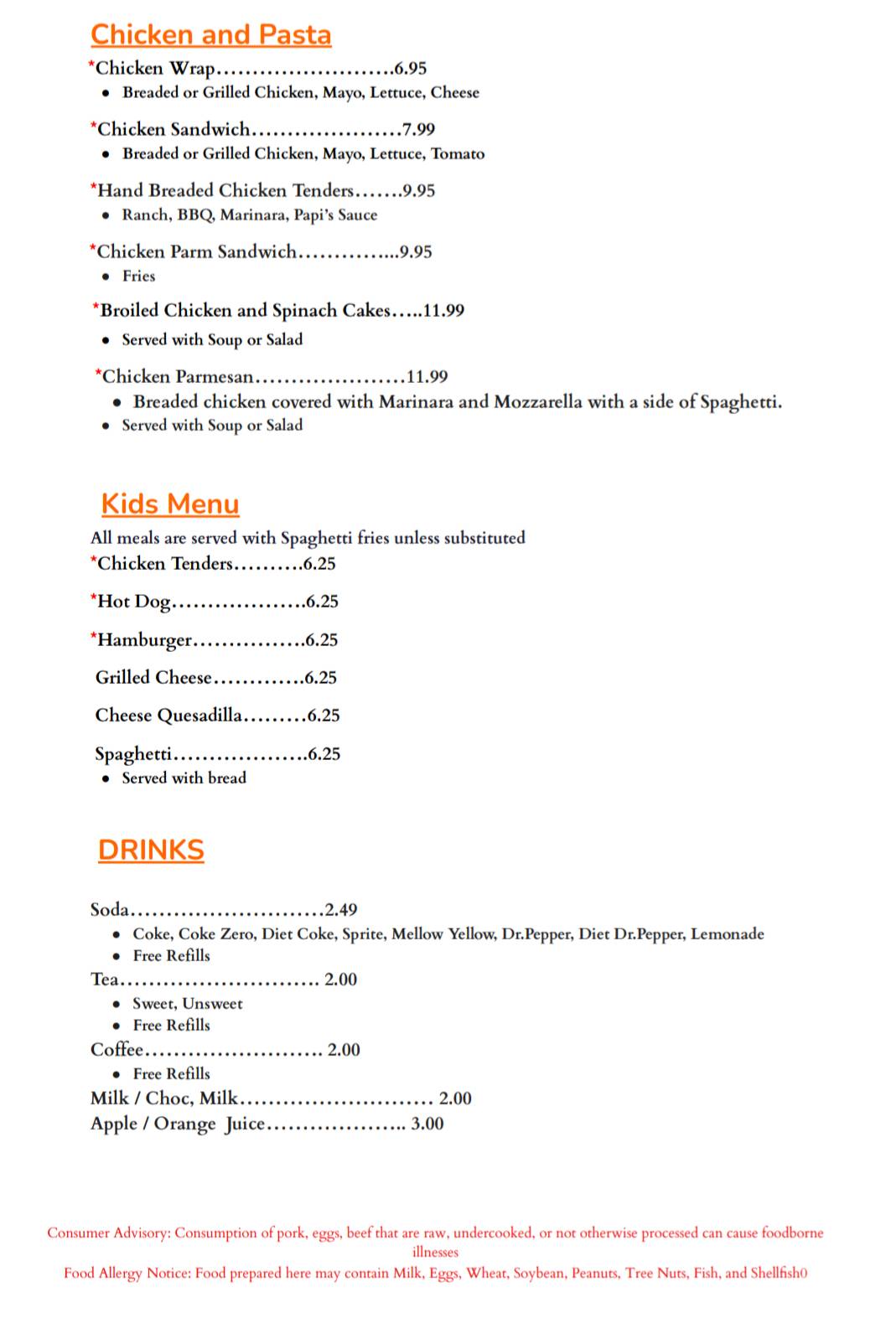Menu at Papi's Place at Firehouse Diner restaurant, Weber City