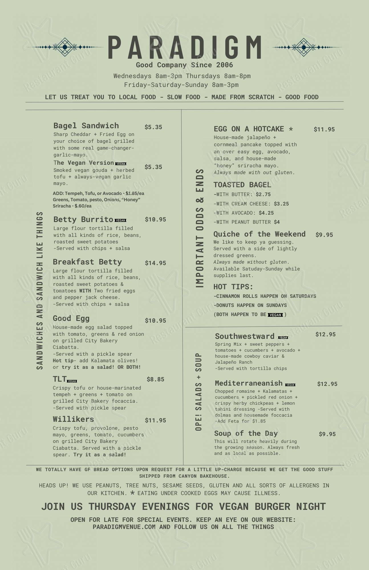Menu at Paradigm Coffee & Music restaurant, Sheboygan