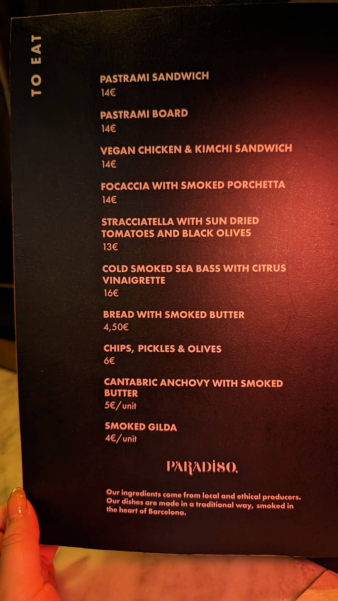 Menu at Paradiso pub & bar, Barcelona