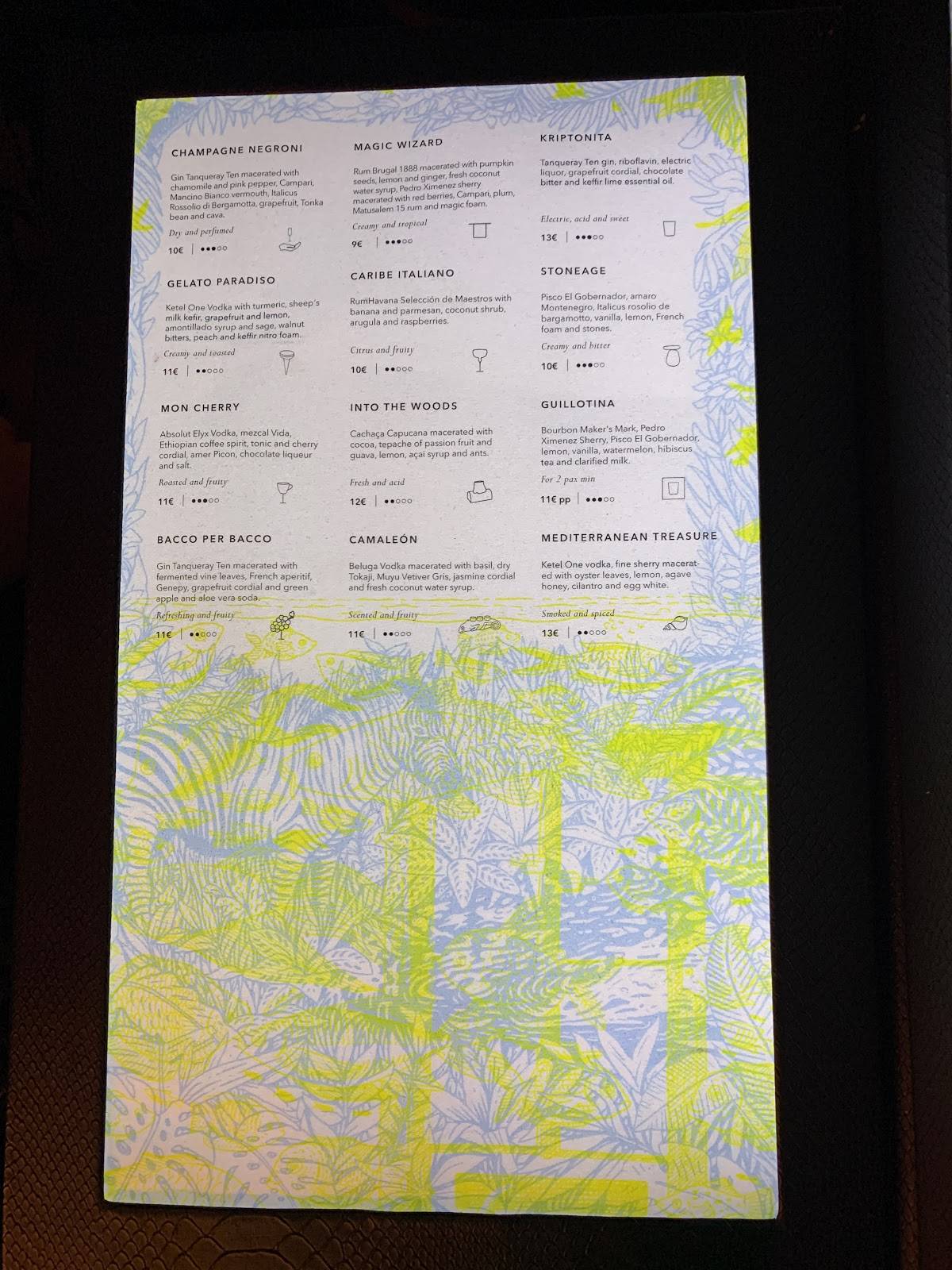 Menu at Paradiso pub & bar, Barcelona