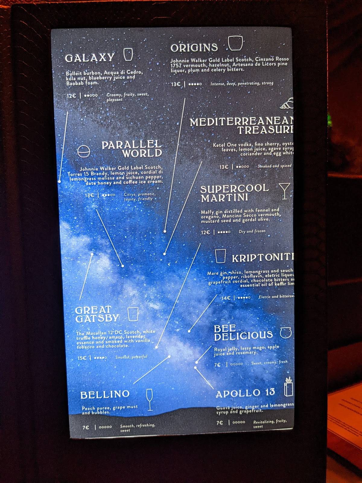 Menu at Paradiso pub & bar, Barcelona