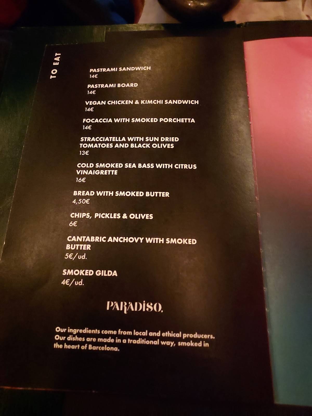 Menu at Paradiso pub & bar, Barcelona