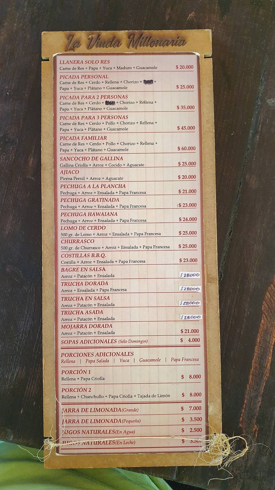 Carta del restaurante Parador llanero la viuda millonaria, Colombia ...