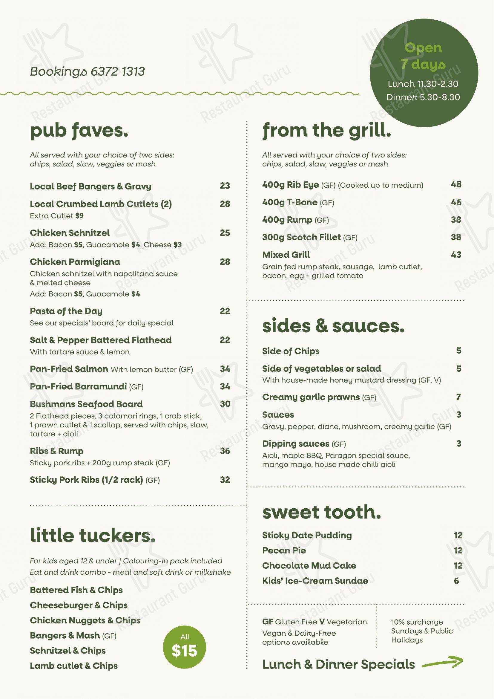 Menu at Paragon Hotel pub & bar, Mudgee