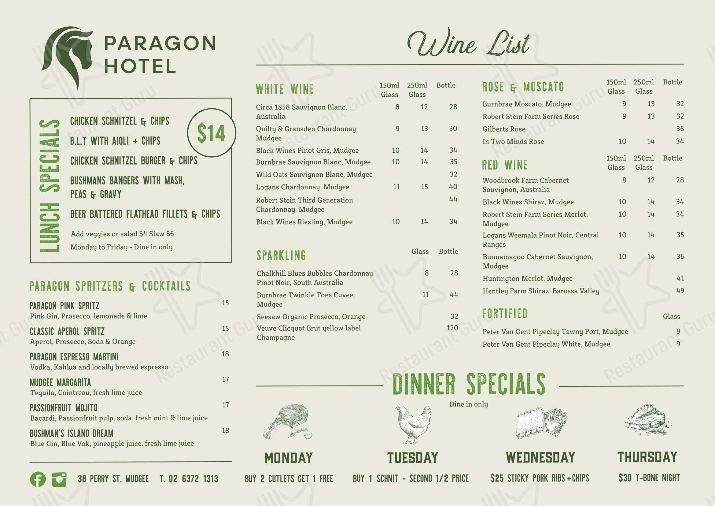 Menu at Paragon Hotel pub & bar, Mudgee