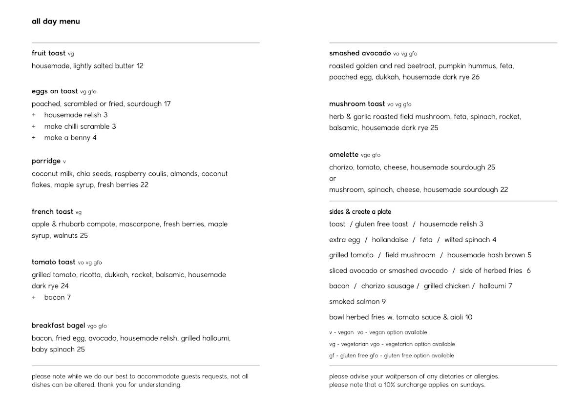 Menu at Parco cafe, Adelaide