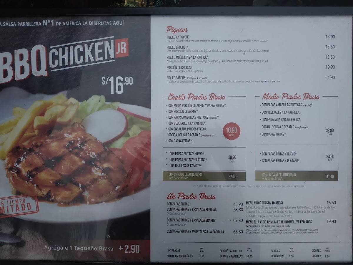 Carta del restaurante Pardos Chicken, Jesus Maria, Av. Salaverry 694