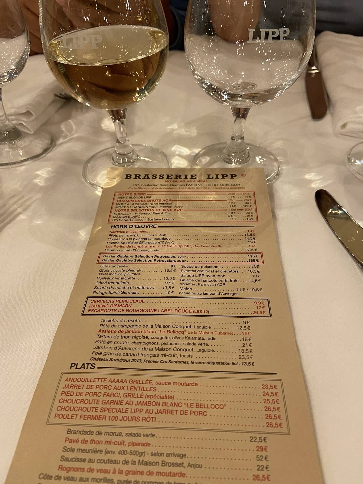 Menu au Brasserie Lipp restaurant, Paris, 151 Bd Saint-Germain