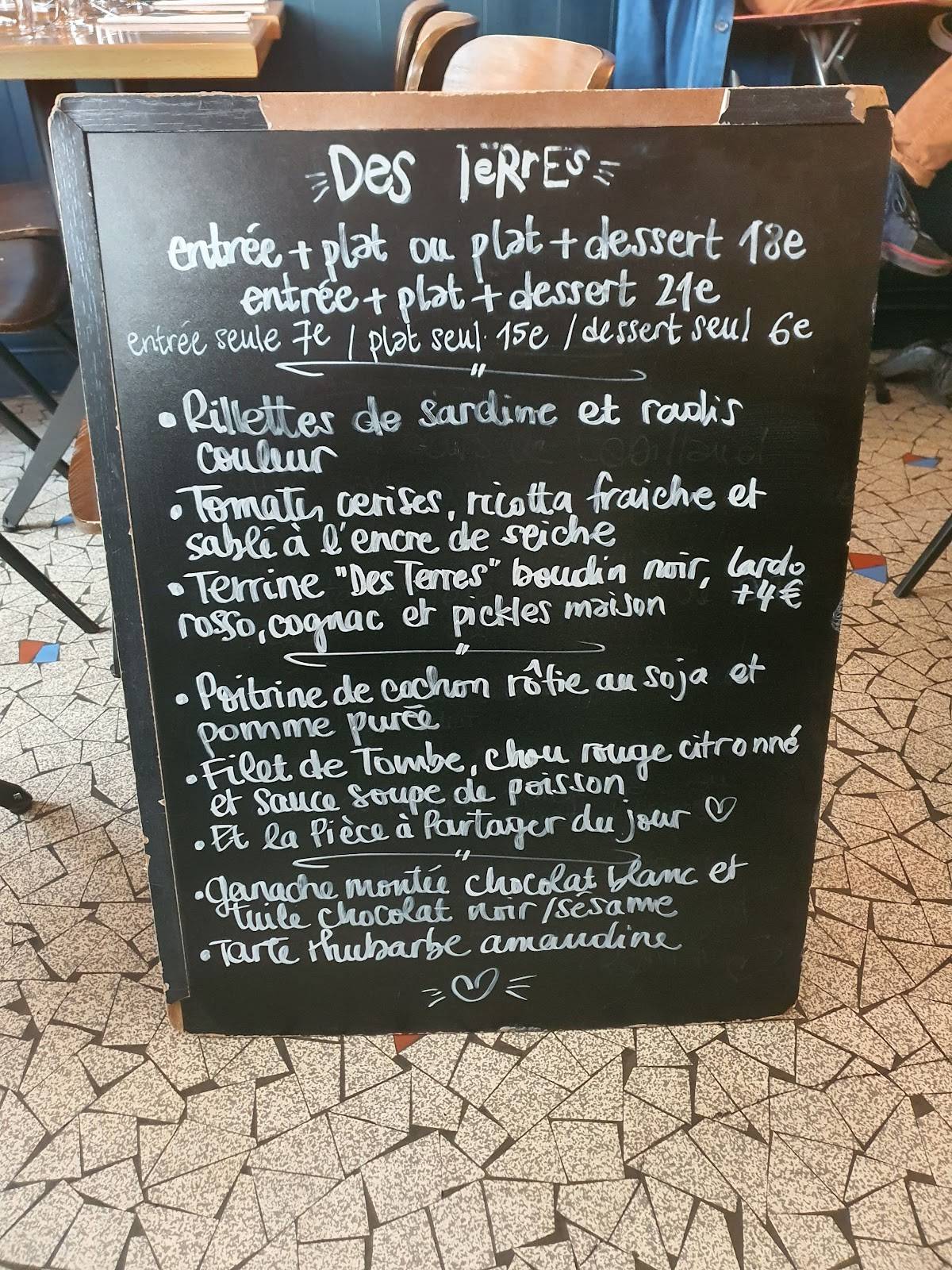 Menu at Des Terres restaurant, Paris