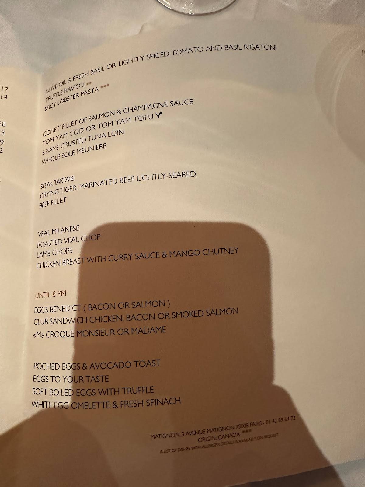 Menu au Matignon boite de nuit, Paris, 3 Avenue Matignon