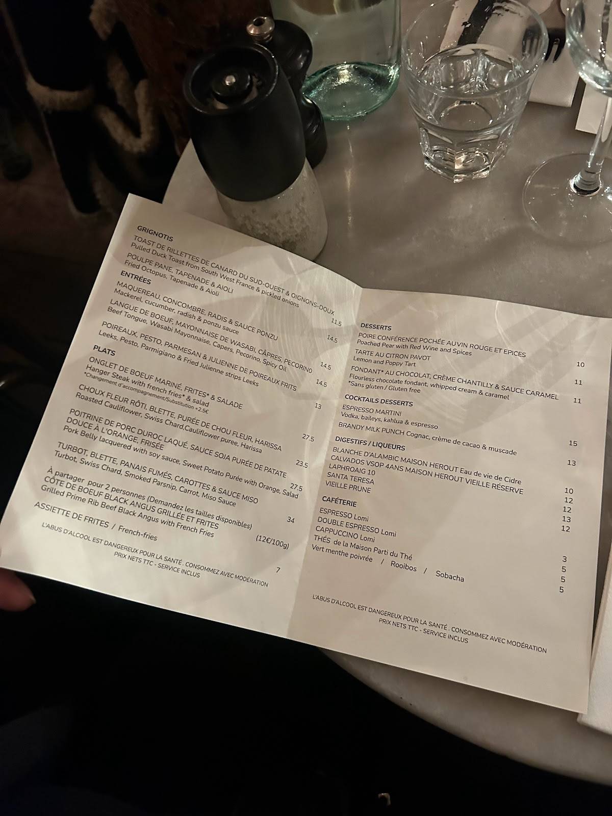 Menu at Poulette restaurant, Paris, 3 Rue Étienne Marcel