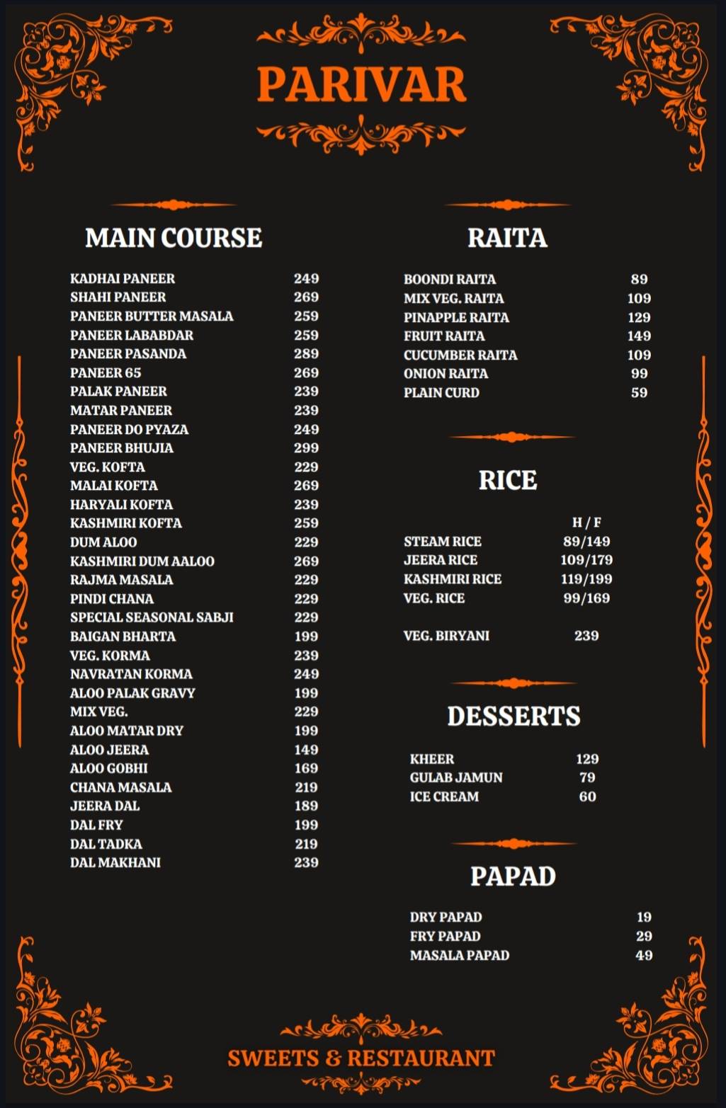 Menu at Parivar Sweets And Restaurant, Kanpur
