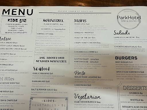 Menu at Park Hotel pub & bar, Maryborough