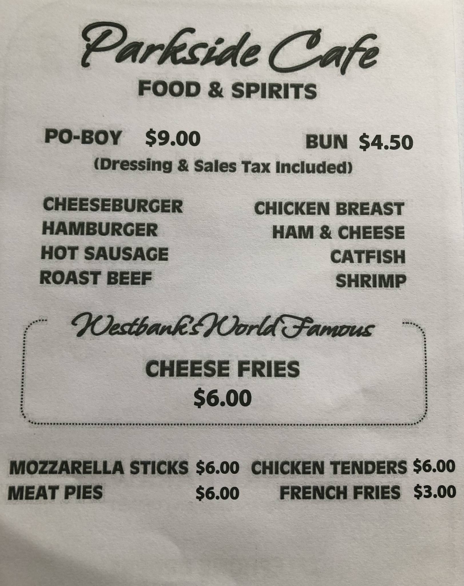 Menu at Parkside Cafe, Gretna