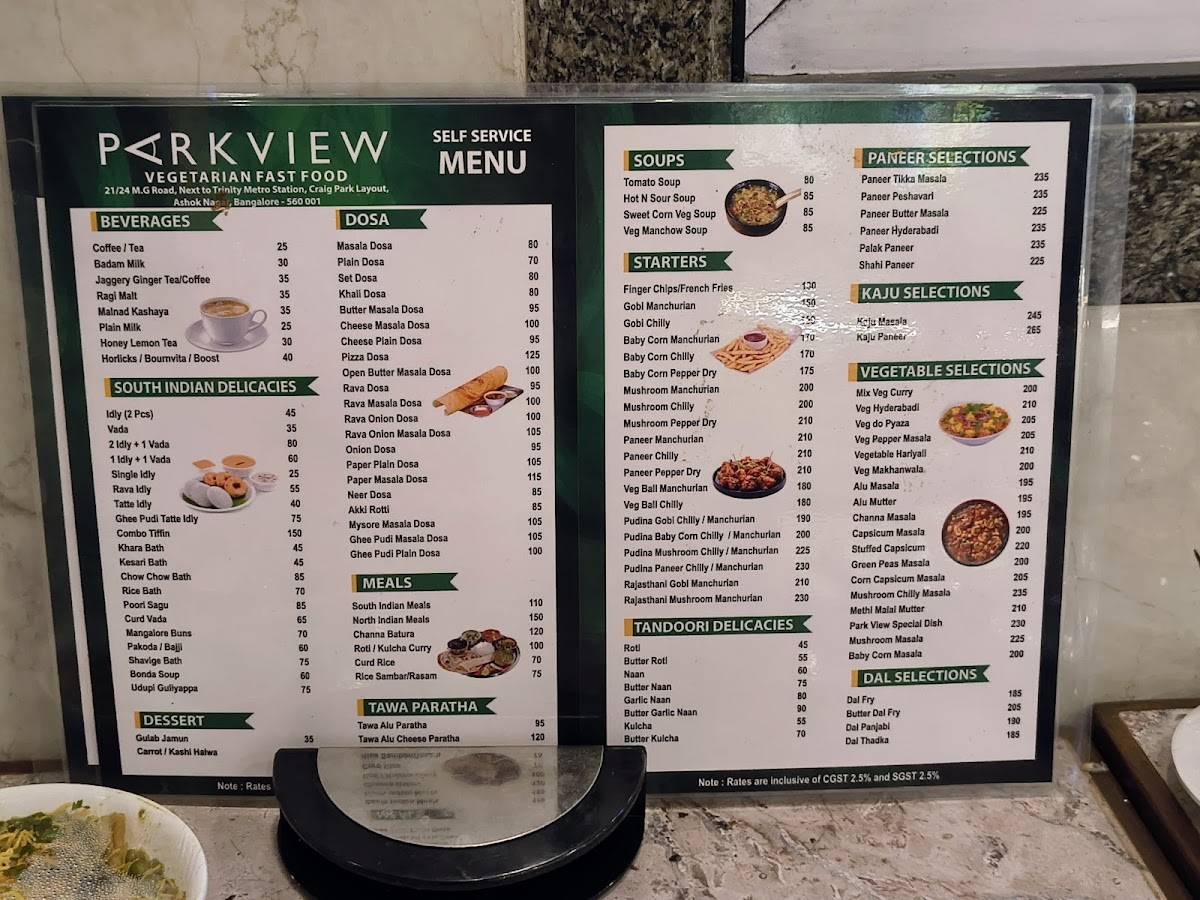 Menu at Parkview Restaurant MG Road, Bengaluru