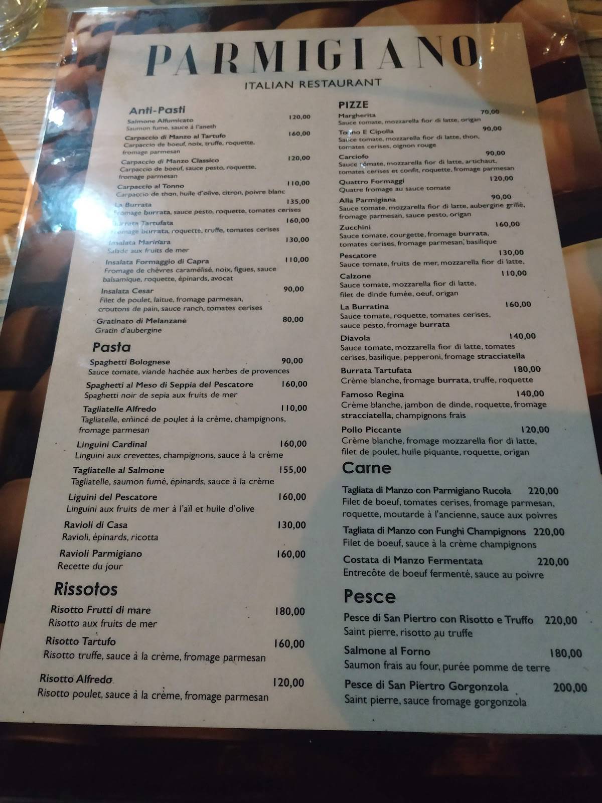 Menu au Parmigiano restaurant, Tanger