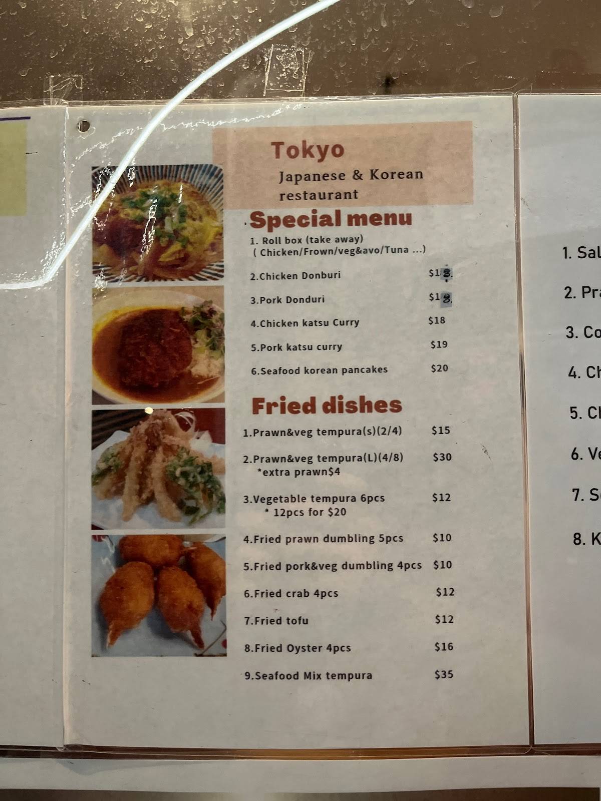 Menu at Tokyo Japanese Restaurant, Parramatta