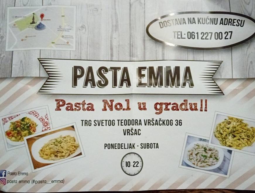 Menu at Pasta Emma restaurant, Vršac, Trg Svetog Teodora Vršačkog 26