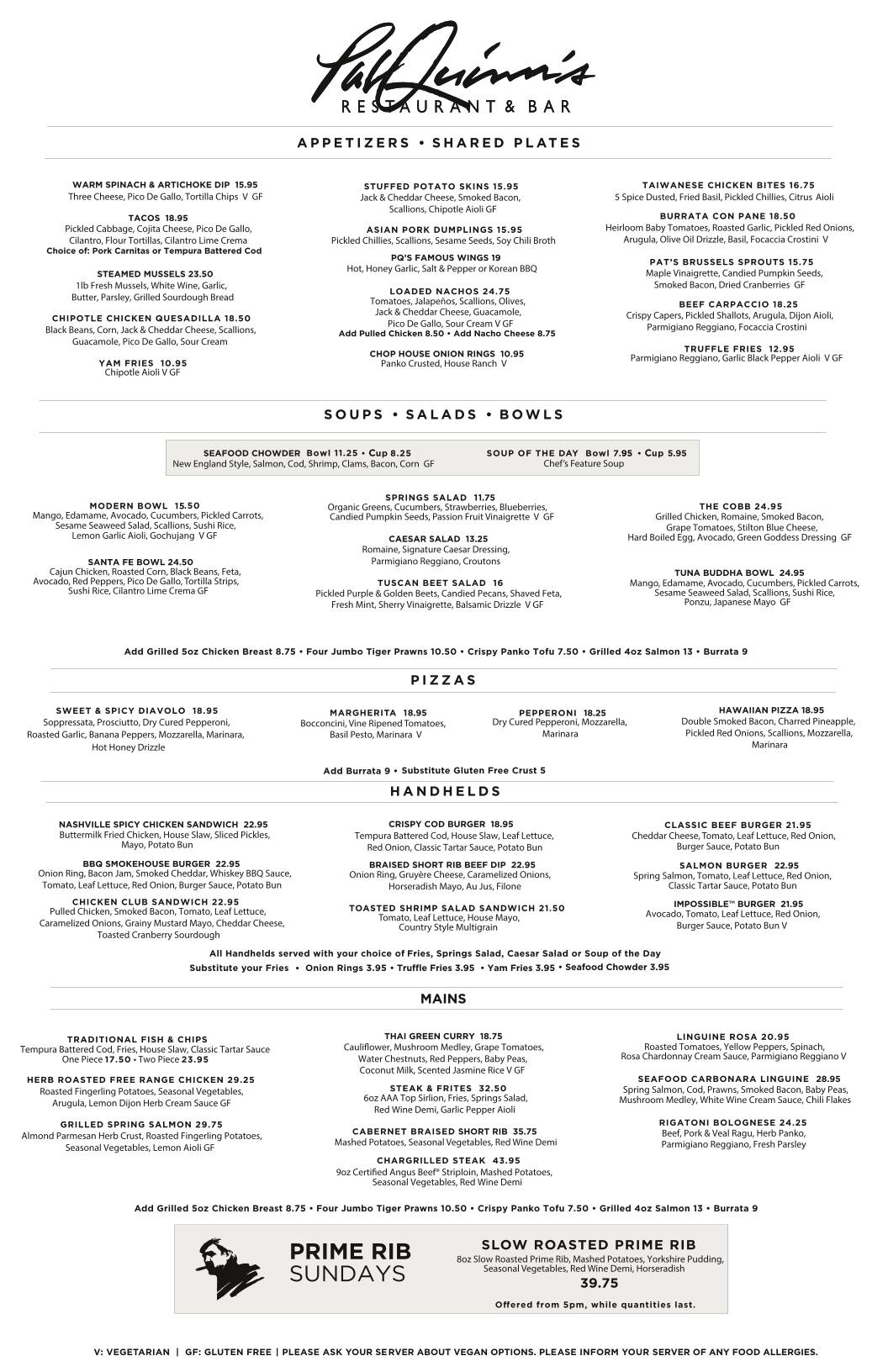 Menu at Pat Quinn's Restaurant & Bar, Delta