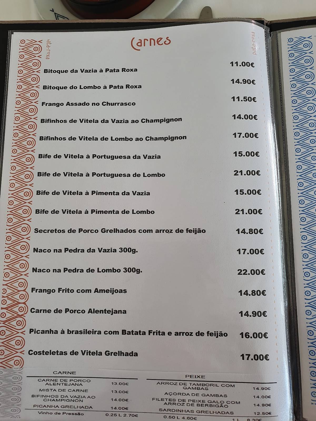 Menu em Pata Roxa restaurante, Costa da Caparica
