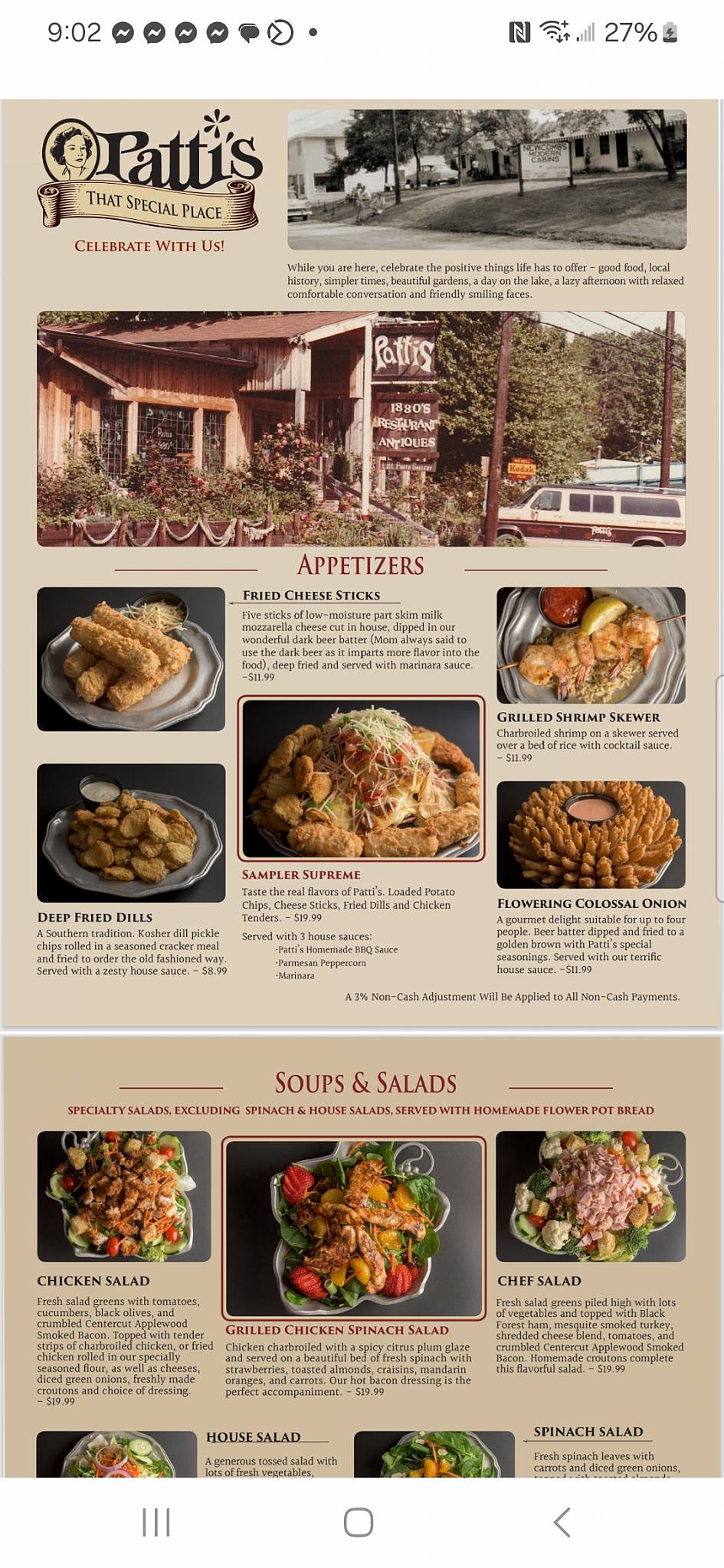Menu at Patti's 1880's Settlement restaurant, Grand Rivers