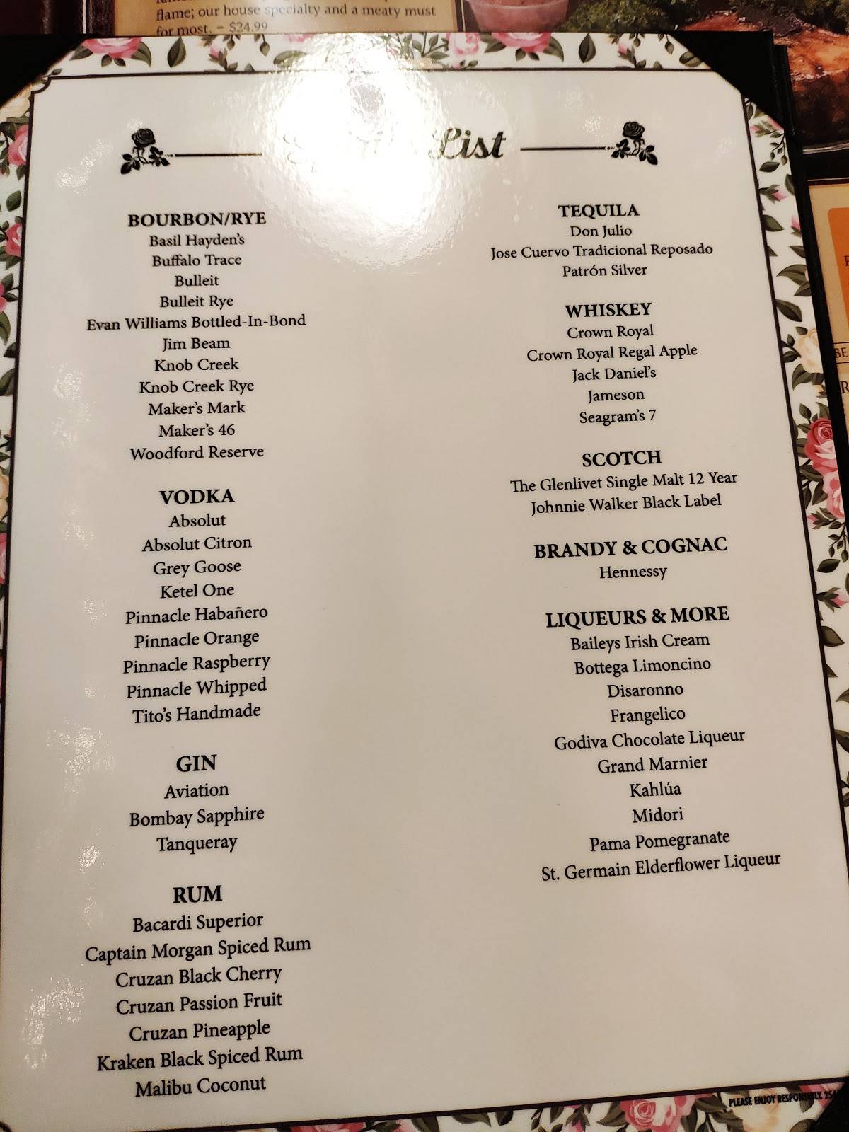 Menu at Patti's 1880's Settlement restaurant, Grand Rivers