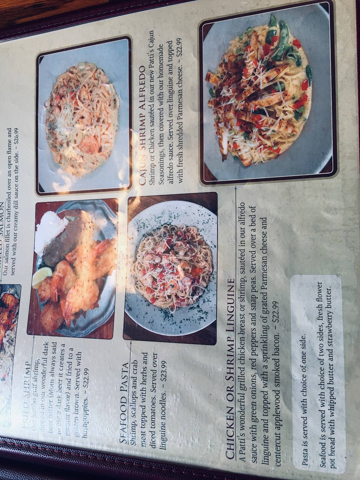 Menu at Patti's 1880's Settlement restaurant, Grand Rivers