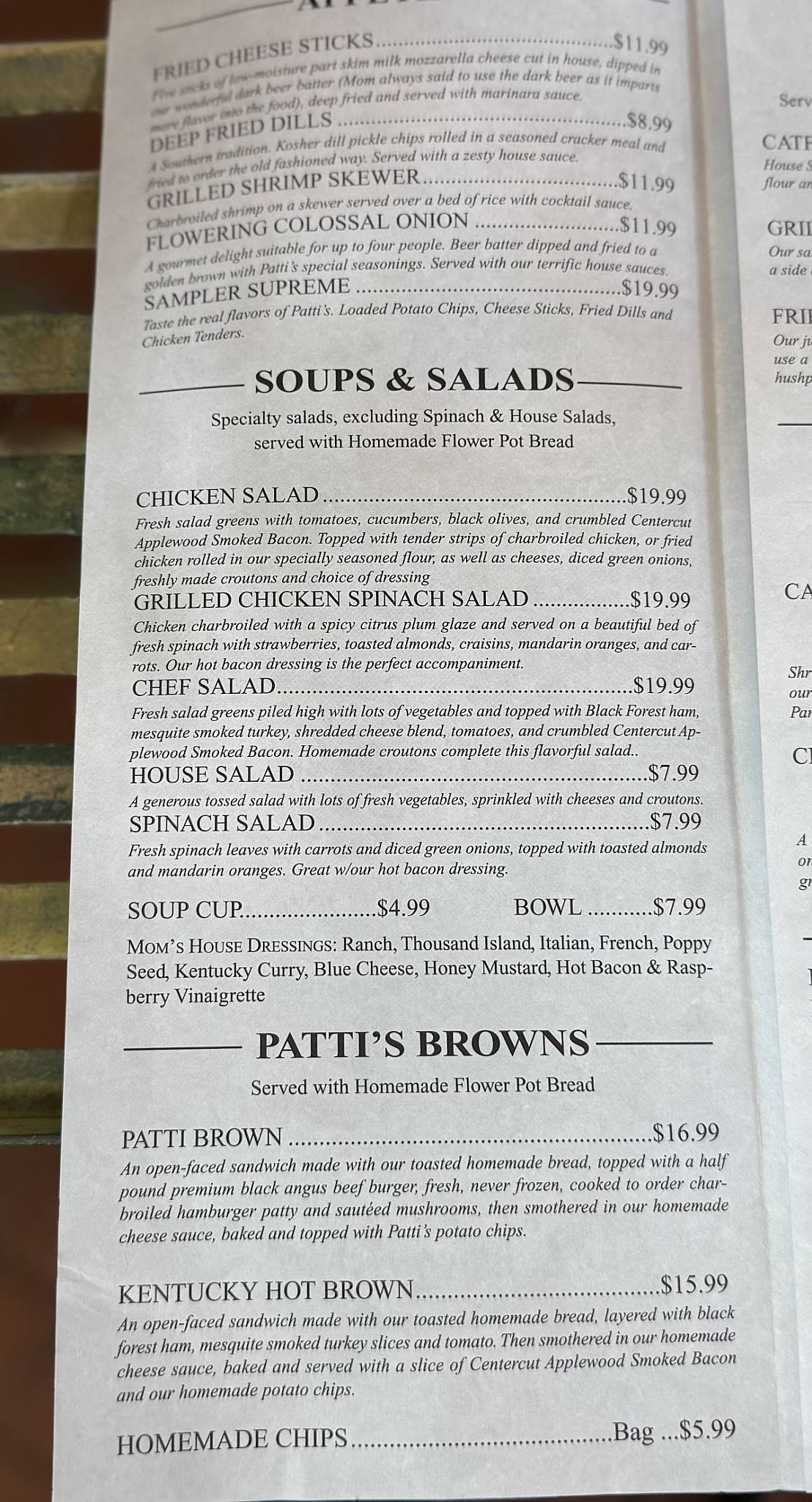Menu at Patti's 1880's Settlement restaurant, Grand Rivers