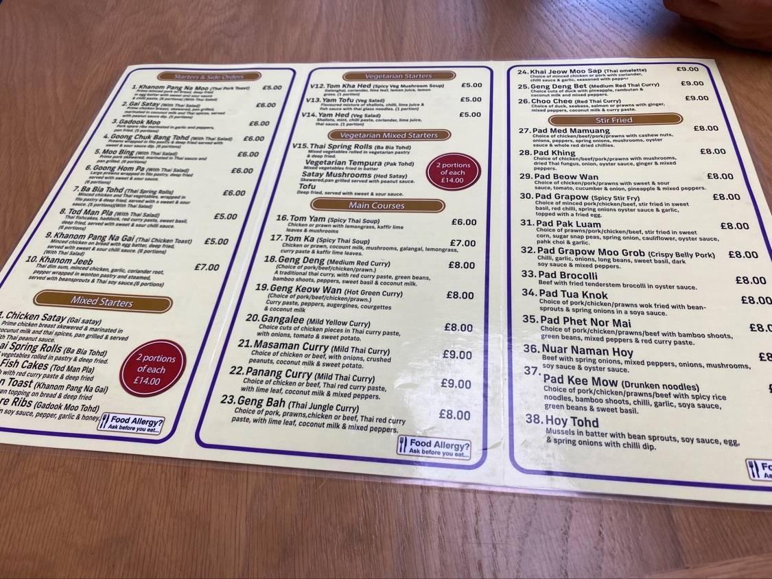 Menu at Patum Thai restaurant, Cleethorpes