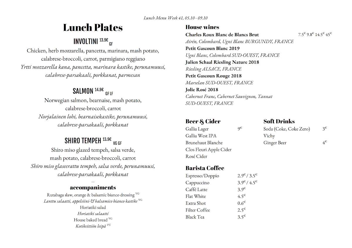 Menu at Paulette restaurant, Helsinki