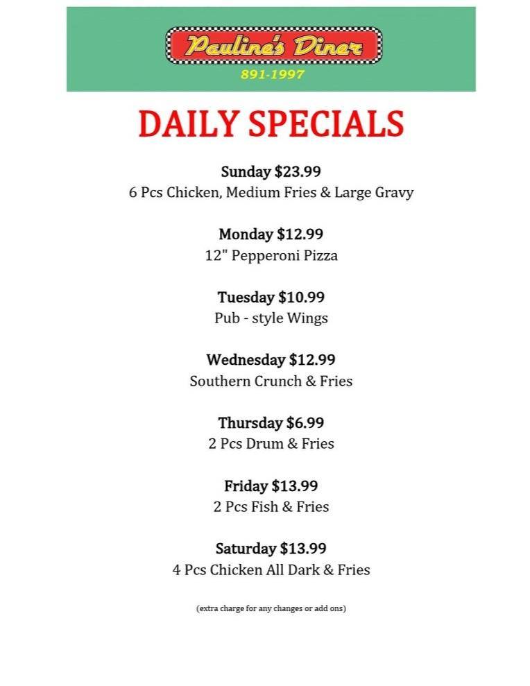 Menu at Pauline's Diner restaurant, Burin