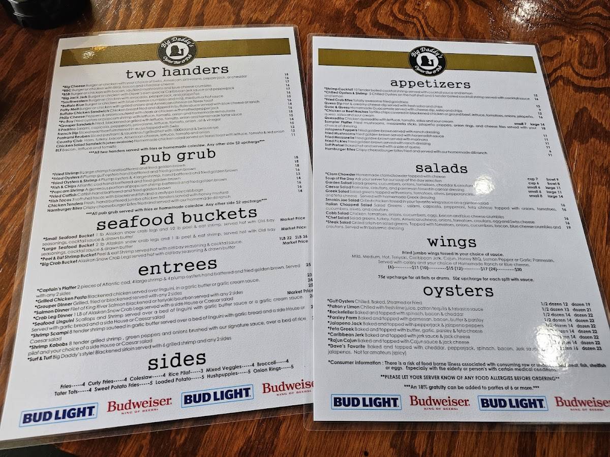 Menu at Big Daddy’s Oyster Bar, Peachtree City