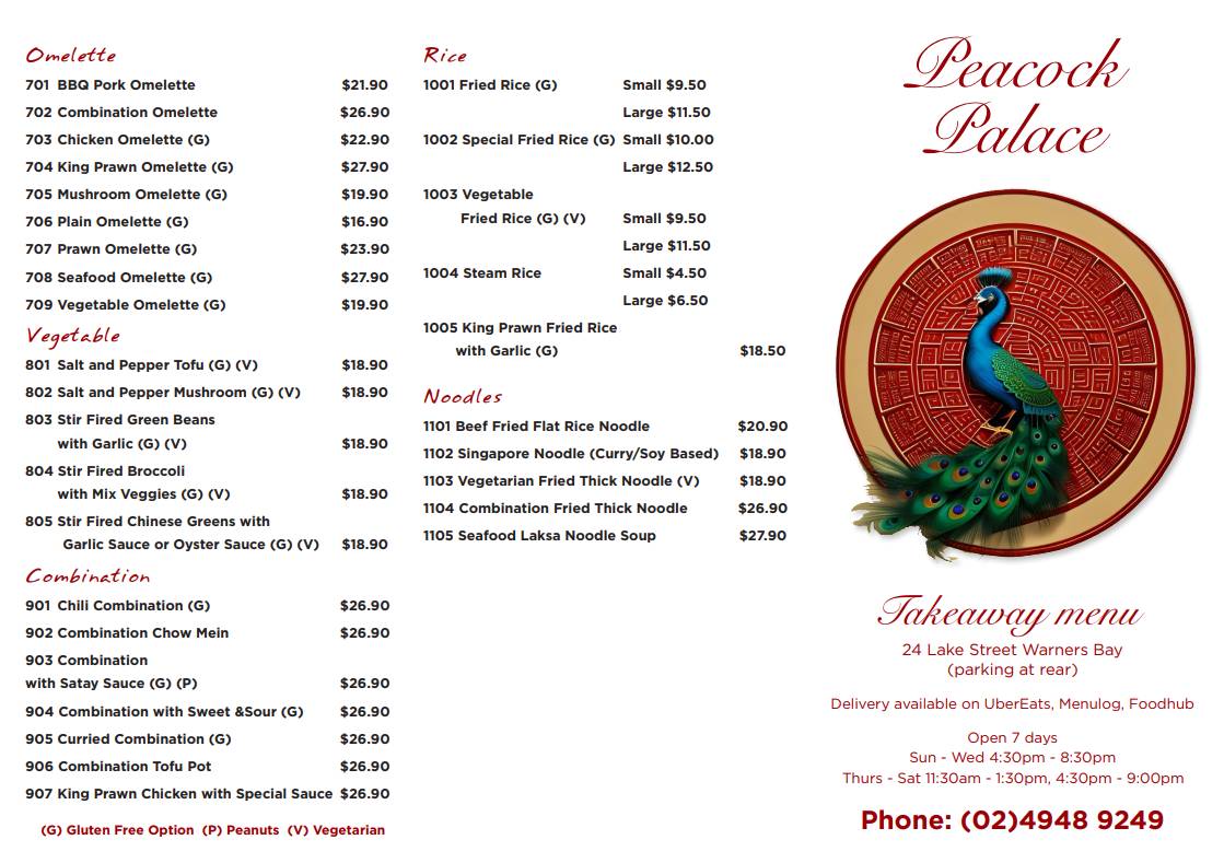 Menu at Peacock palace restaurant, Warners Bay