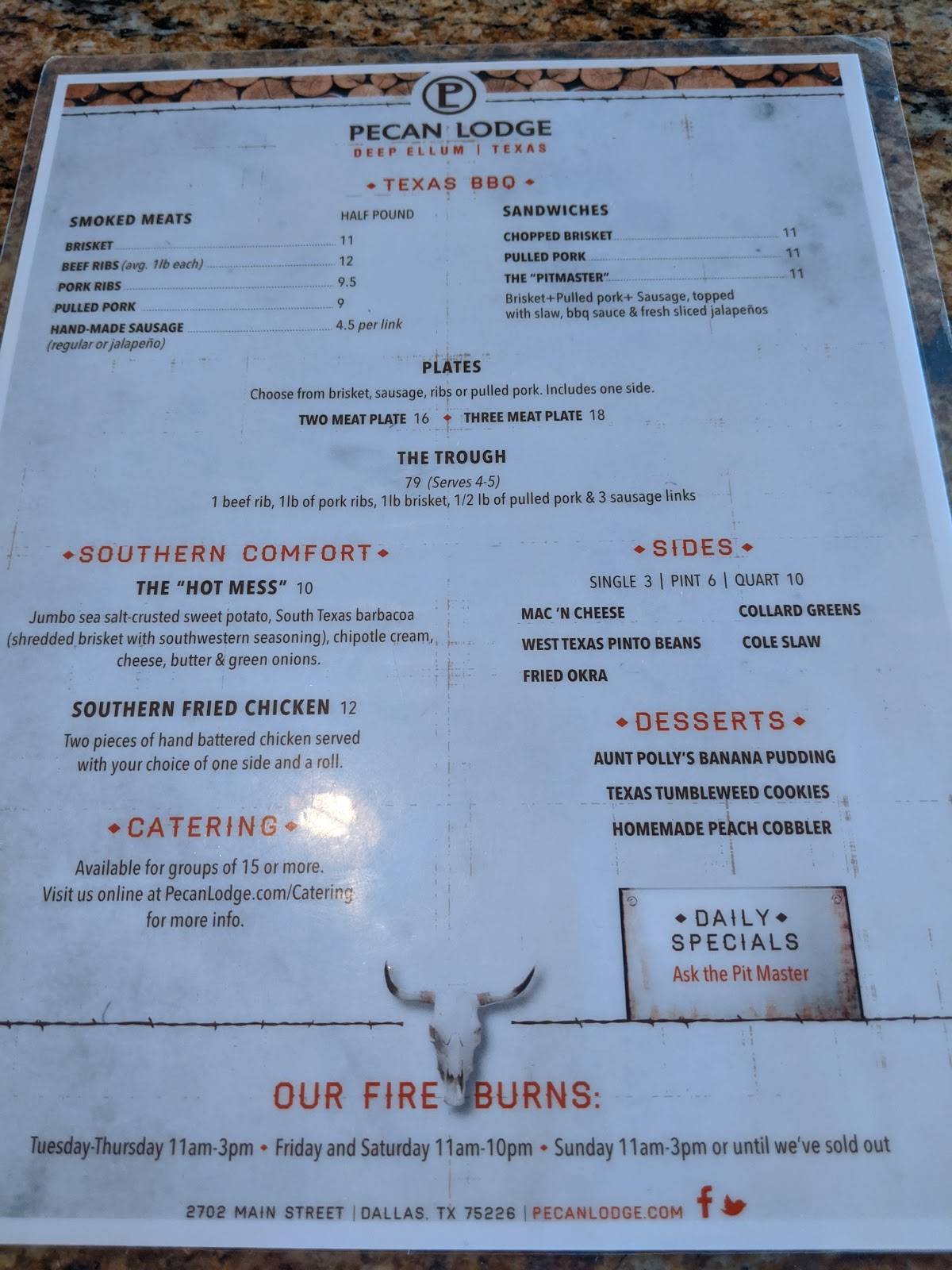 Menu at Pecan Lodge BBQ, Dallas, Main St