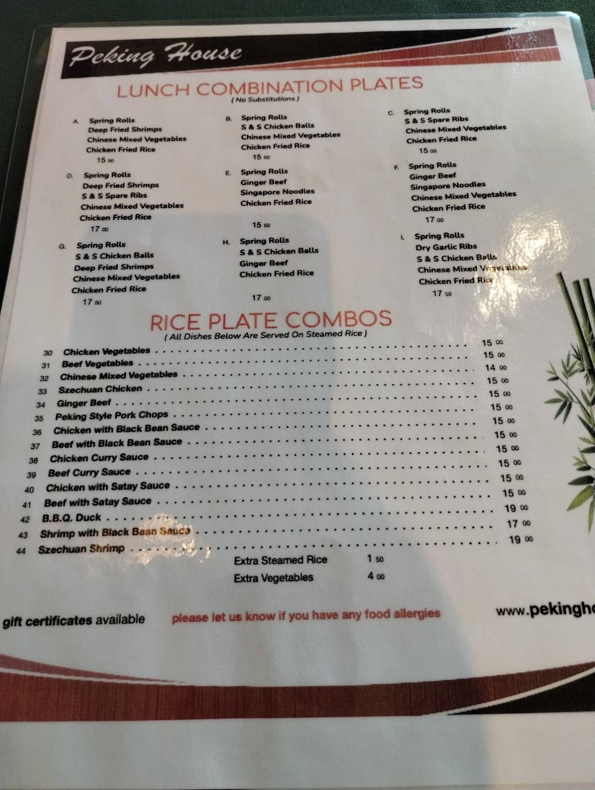 Menu at Peking House restaurant, Regina