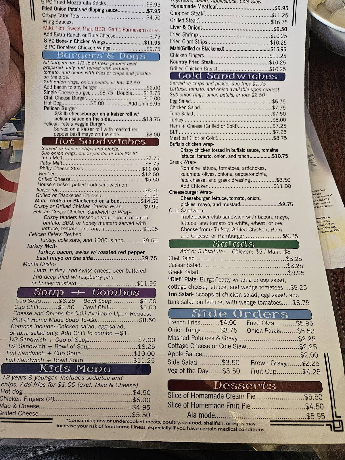 Carta del pub y bar Pelican Diner, Sebastian, 100 Brush Foot Dr