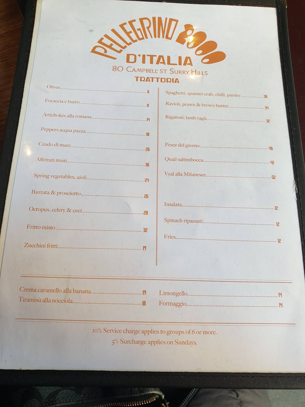 Menu at Pellegrino 2000 restaurant, Surry Hills