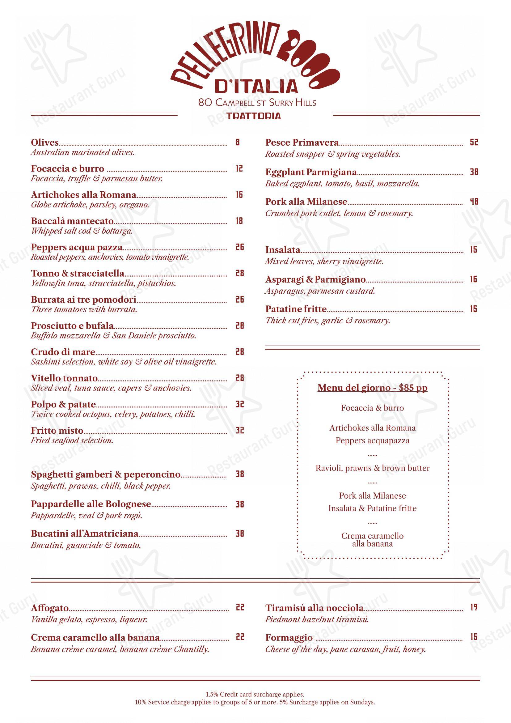 Menu at Pellegrino 2000 restaurant, Surry Hills