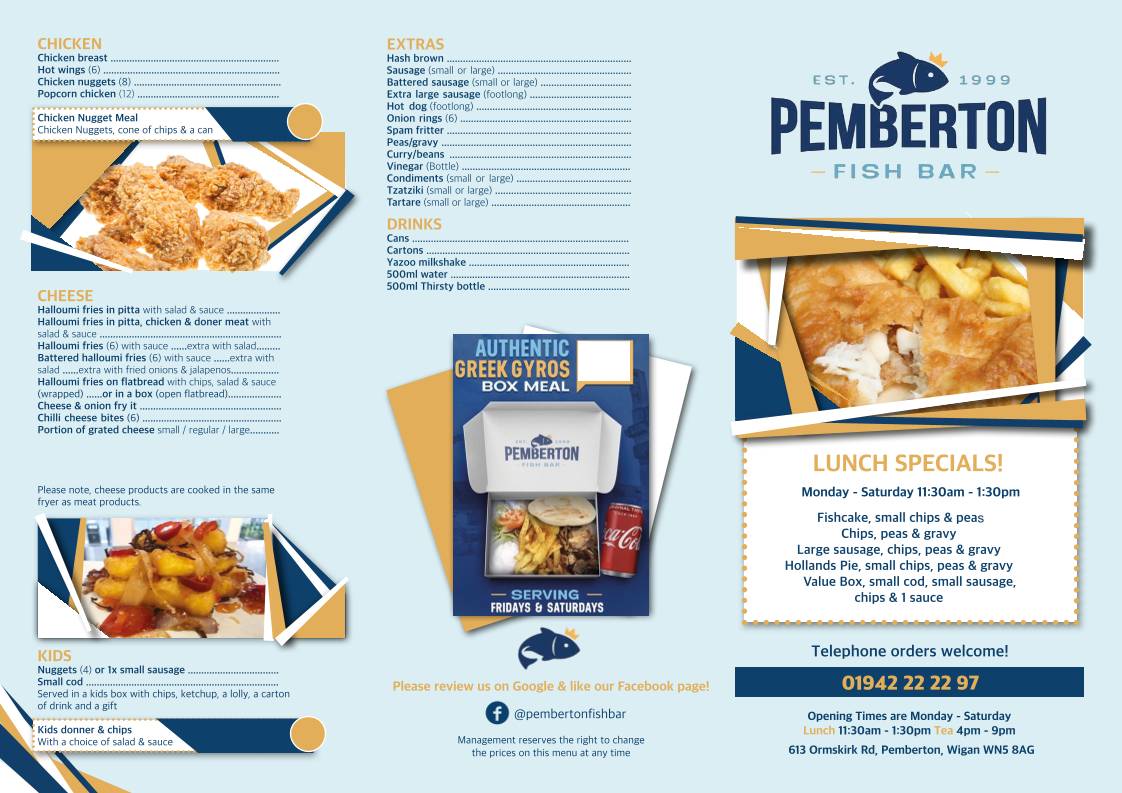 Menu at Pemberton Fish Bar, Wigan