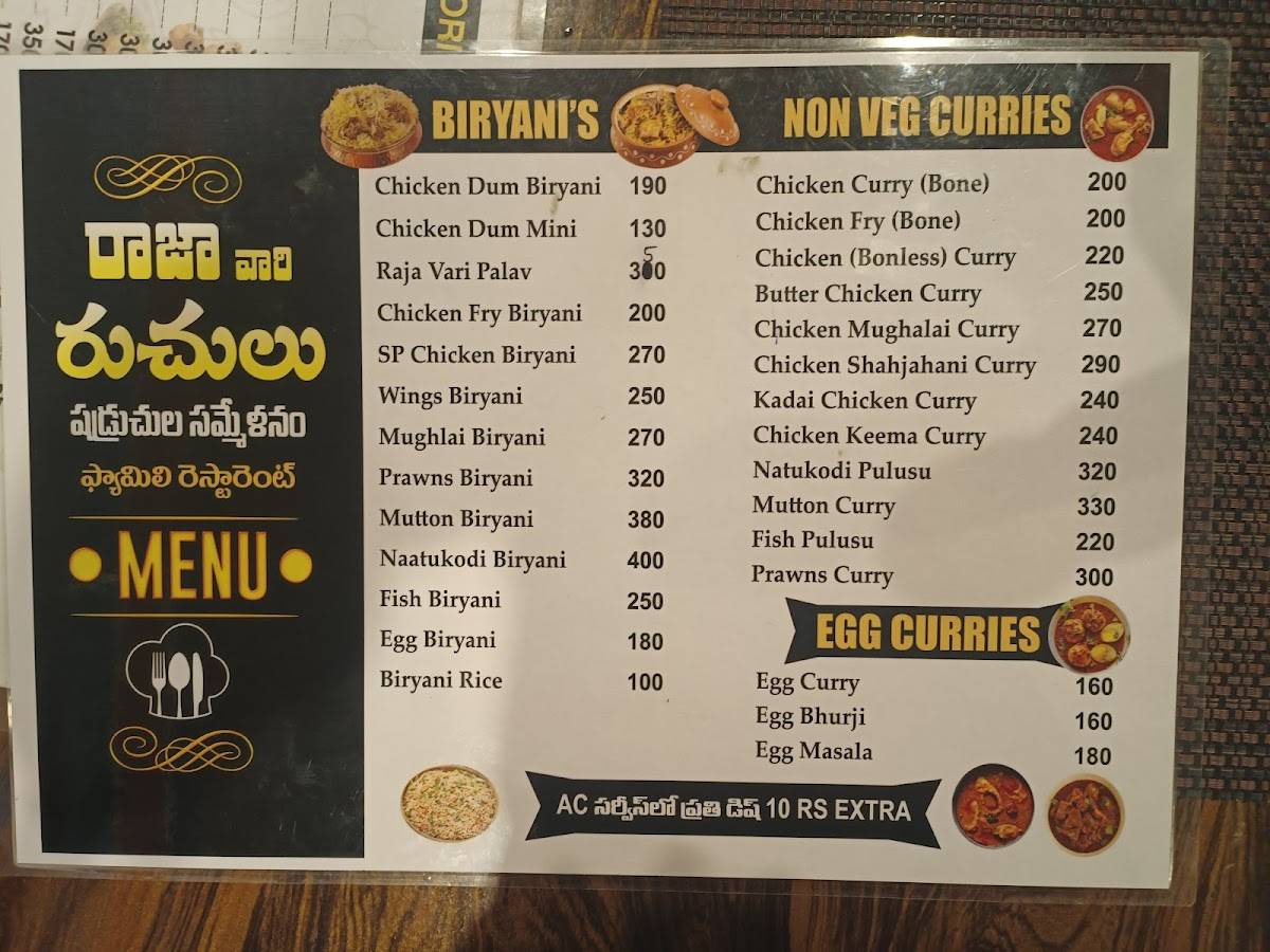 Menu at Raja Vari Ruchulu, Penamaluru