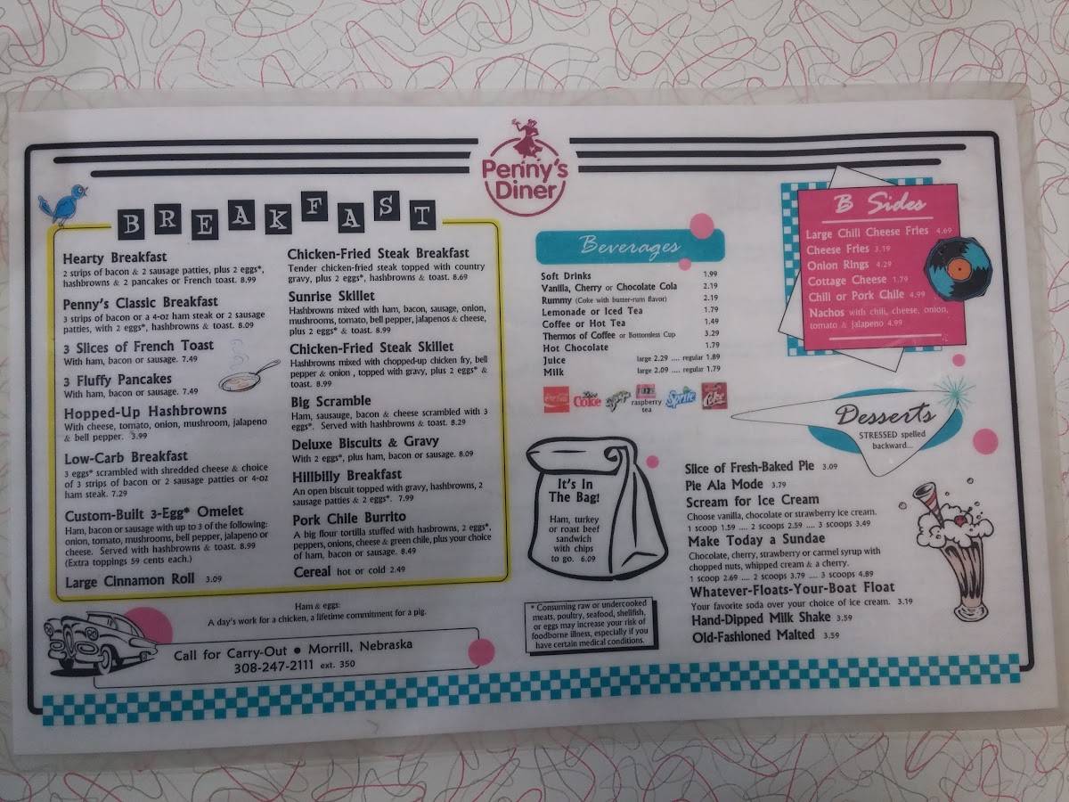 Menu at Penny's Diner restaurant, Morrill