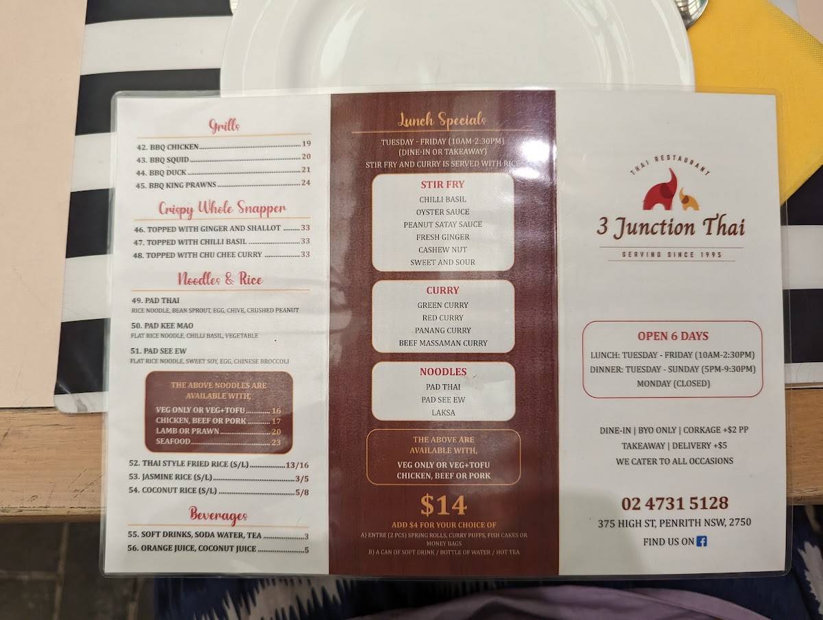 Menu at 3 Junction Thai restaurant, Penrith