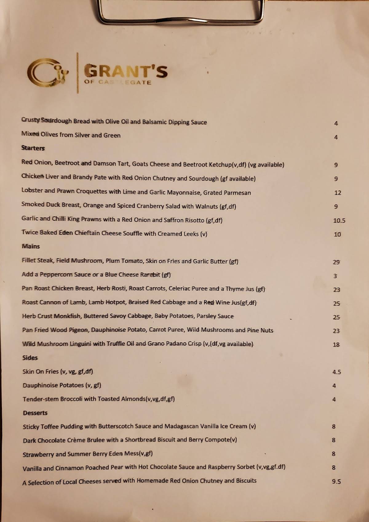 Menu at Grants Of Castlegate pub & bar, Penrith