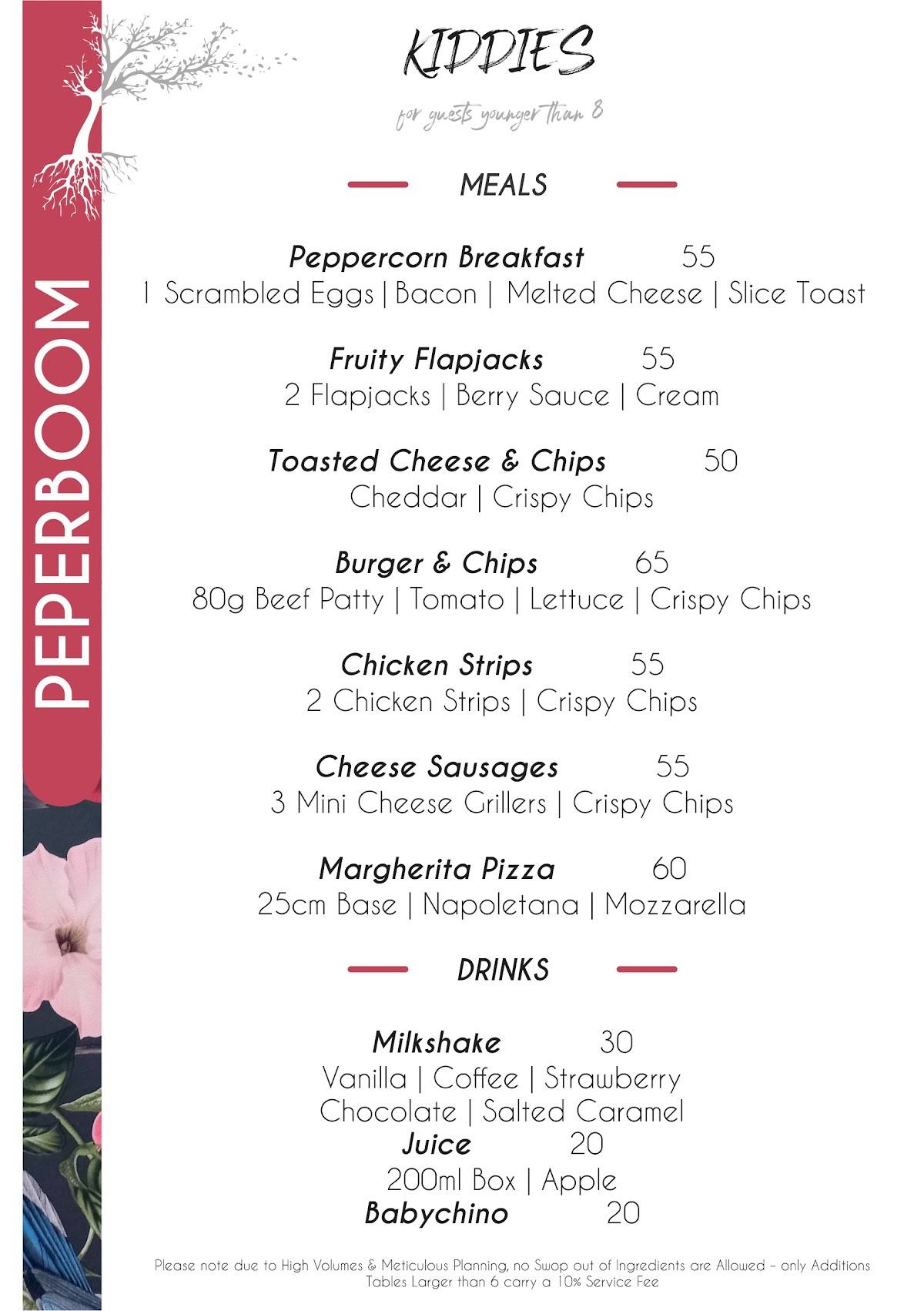 Menu at Peperboom Restaurant, Groot Brakrivier
