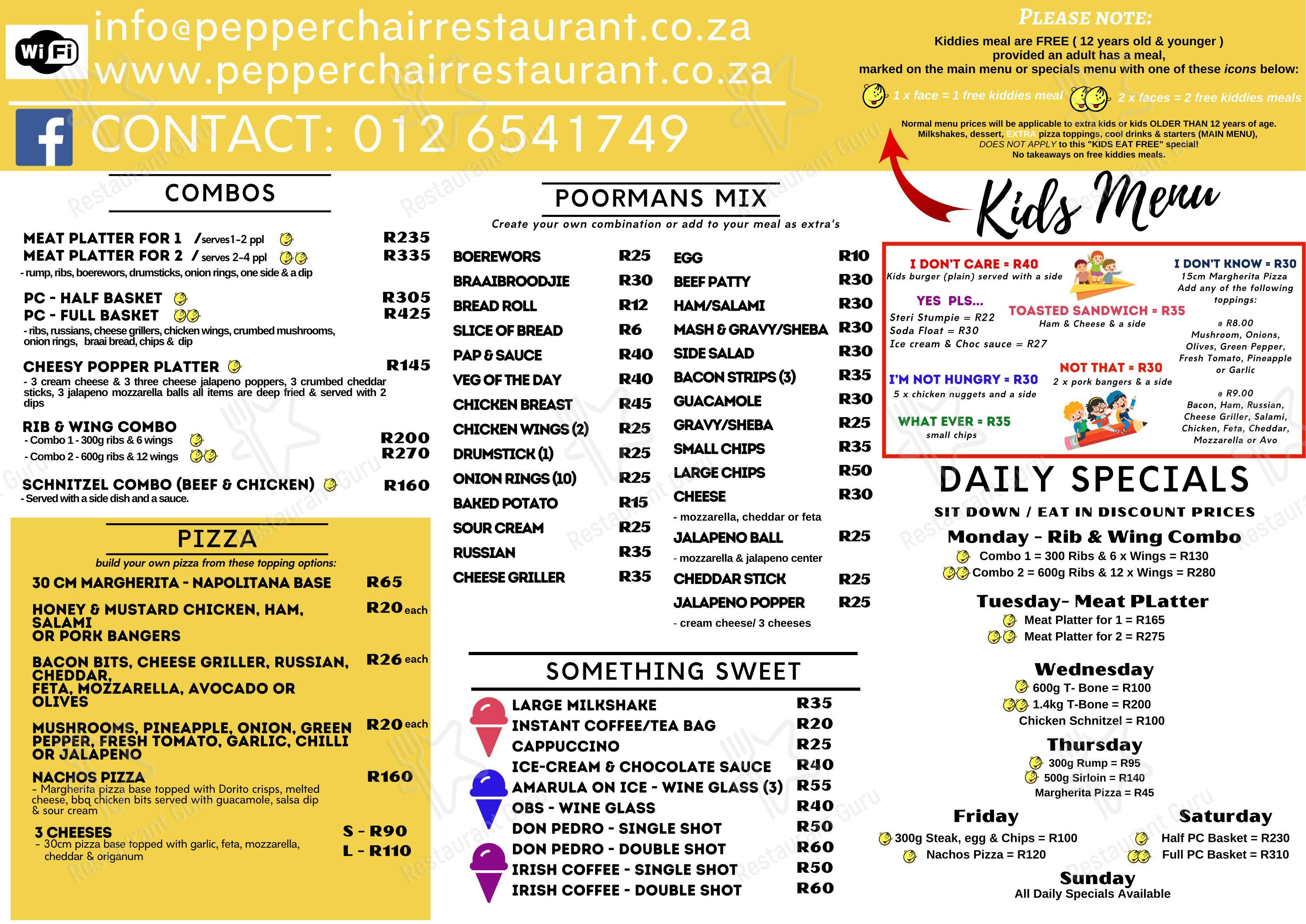 Menu at Pepper Chair Restaurant, Centurion