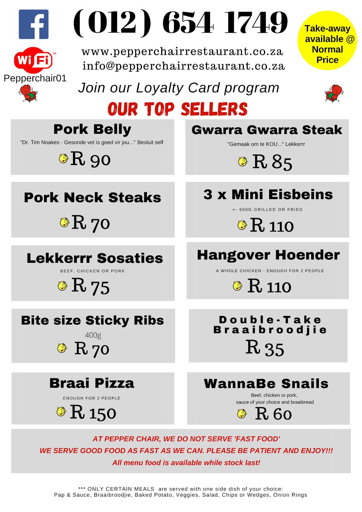Menu at Pepper Chair Restaurant, Centurion