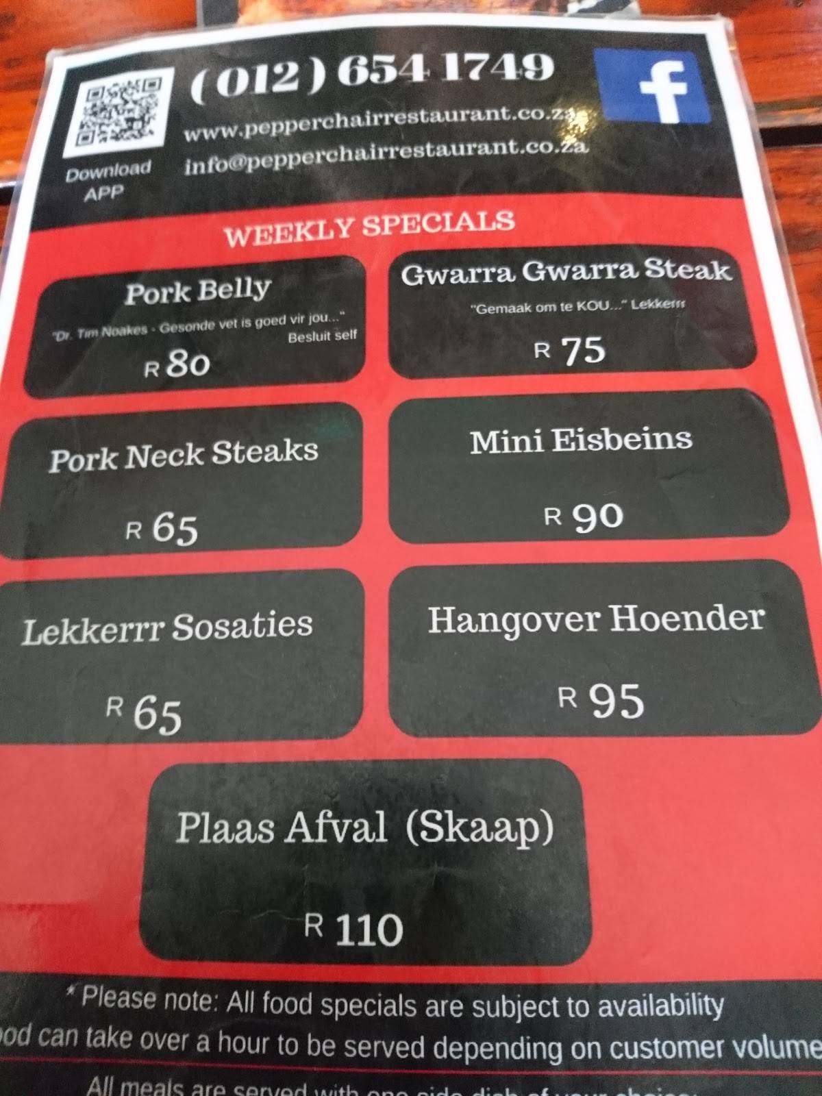 Menu at Pepper Chair Restaurant, Centurion