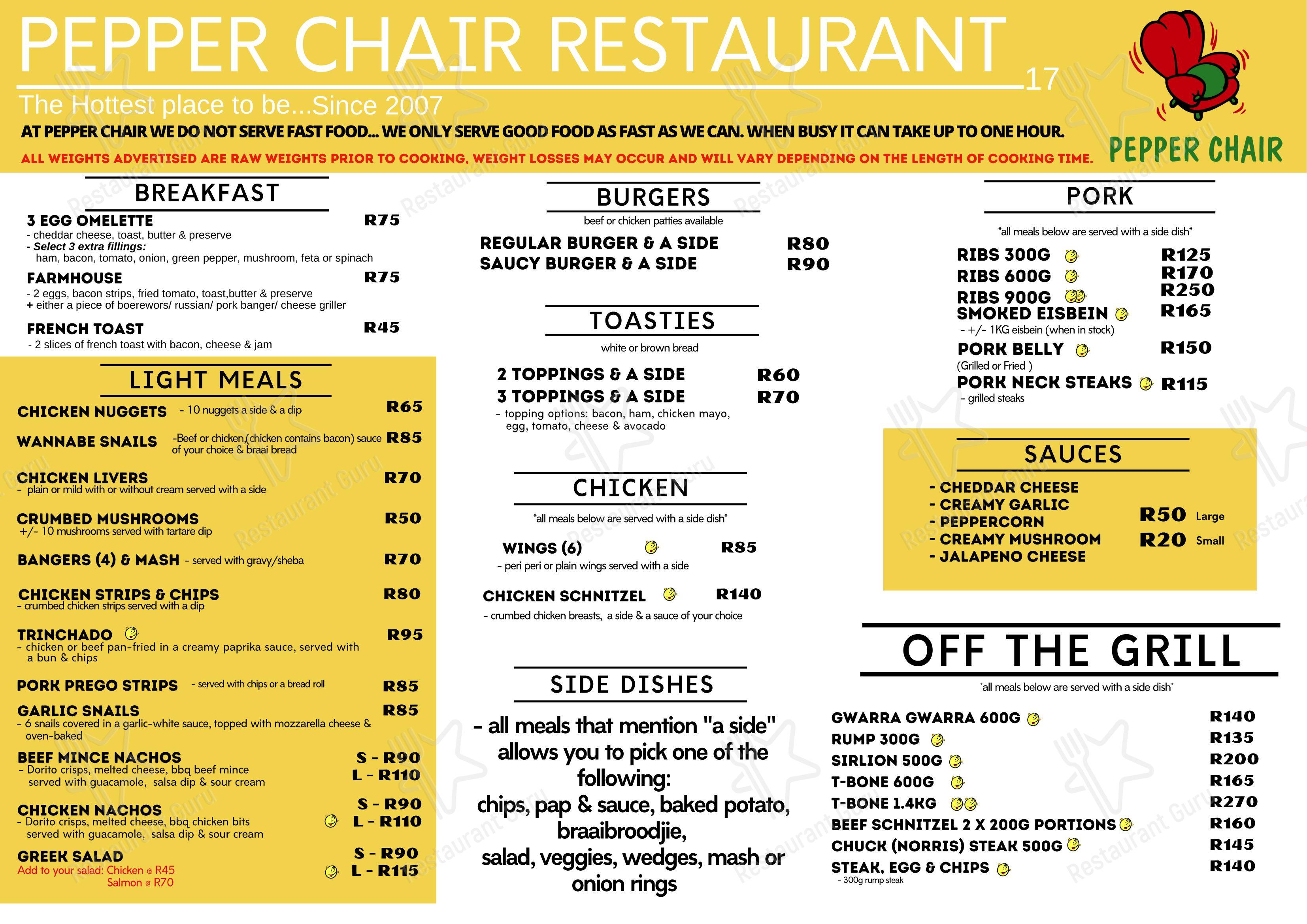 Menu at Pepper Chair Restaurant, Centurion
