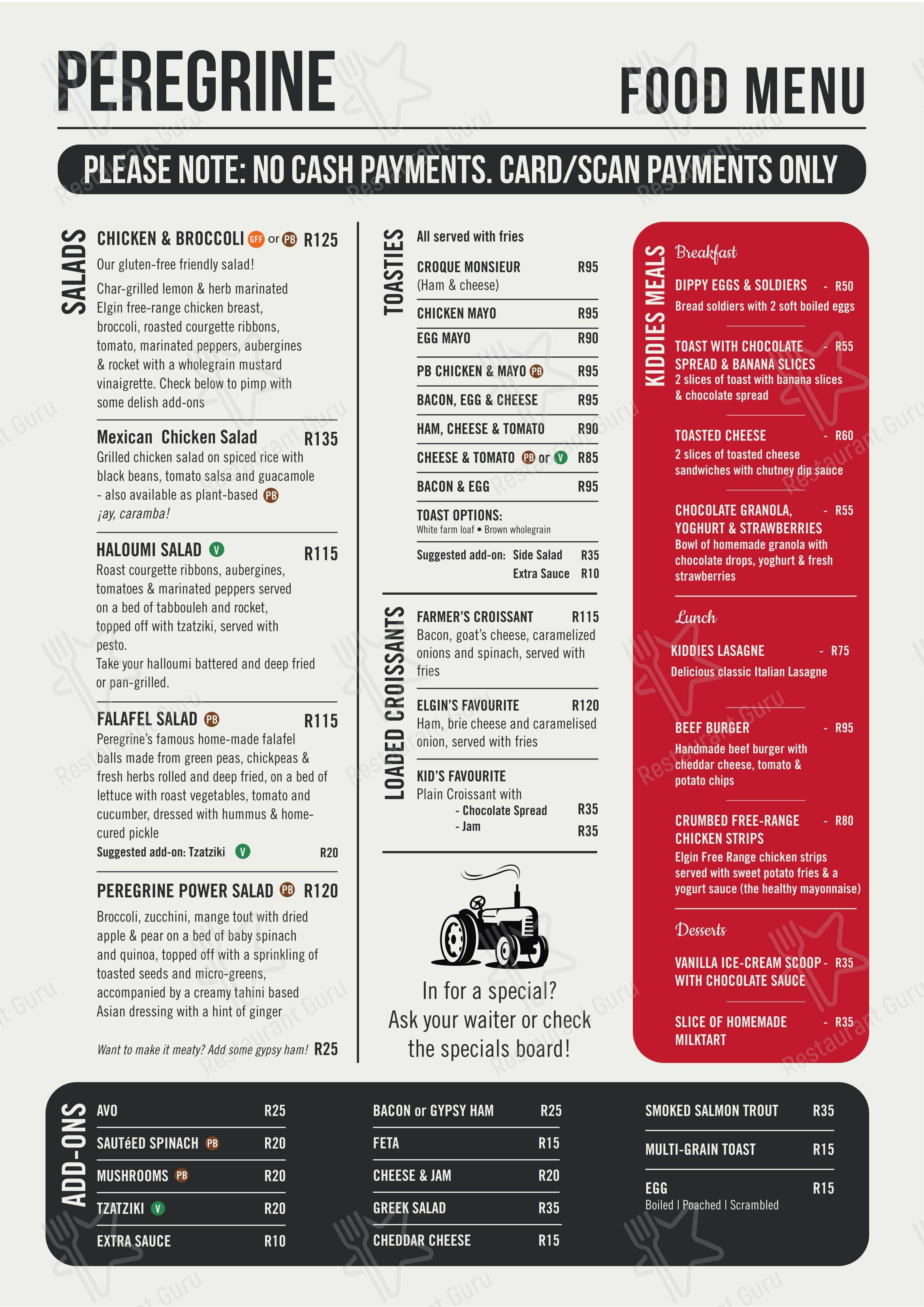 Menu at Peregrine Farm Stall cafe, Grabouw